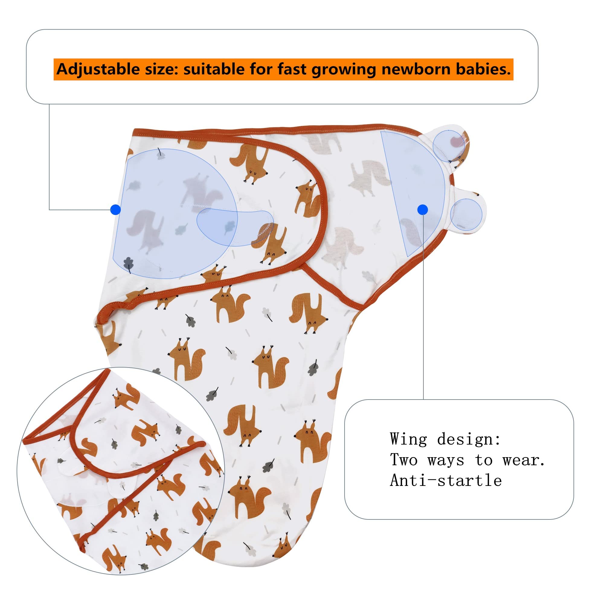 LAT 3 Pack Swaddle Blanket Baby Girl Boy, Adjustable Infant Sleep Sack Wrap, Newborn 100% Cotton Sleep Bag (Orange fox + Raindrops)