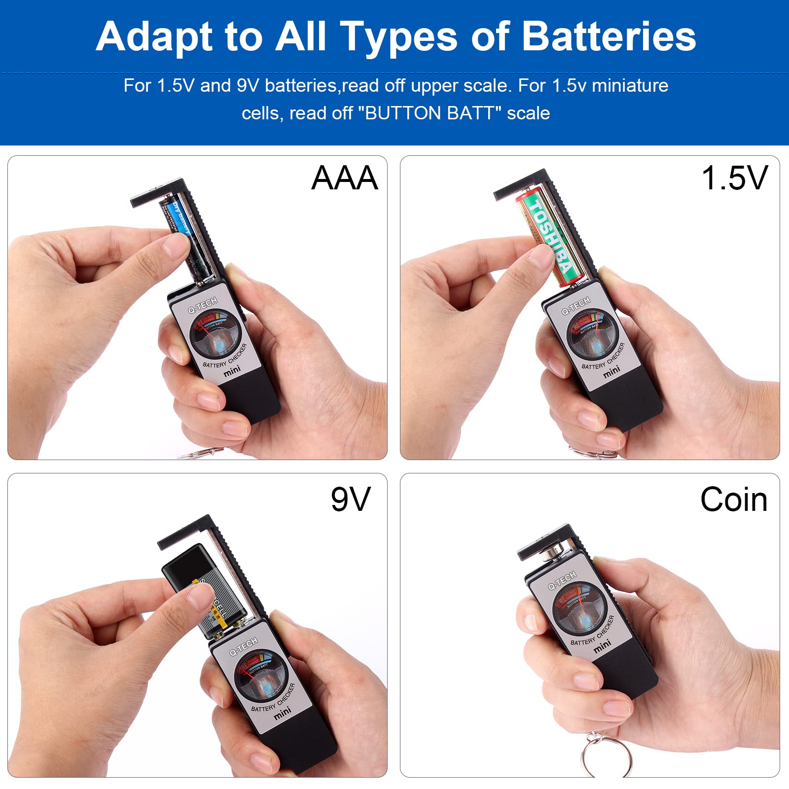 Mini Battery Tester Checker for AA AAA C D 9V 1.5V Button Coin Batteries with Keychain Black