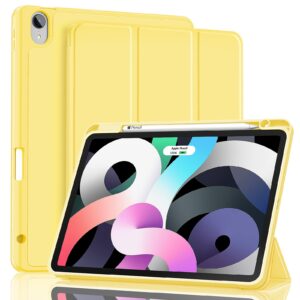 hoidokly ipad air 5th generation case 2022, ipad air 4th generation case 2020 10.9 inch with pencil holder [support touch id and ipad 2nd pencil charging], trifold stand smart folio case, yellow