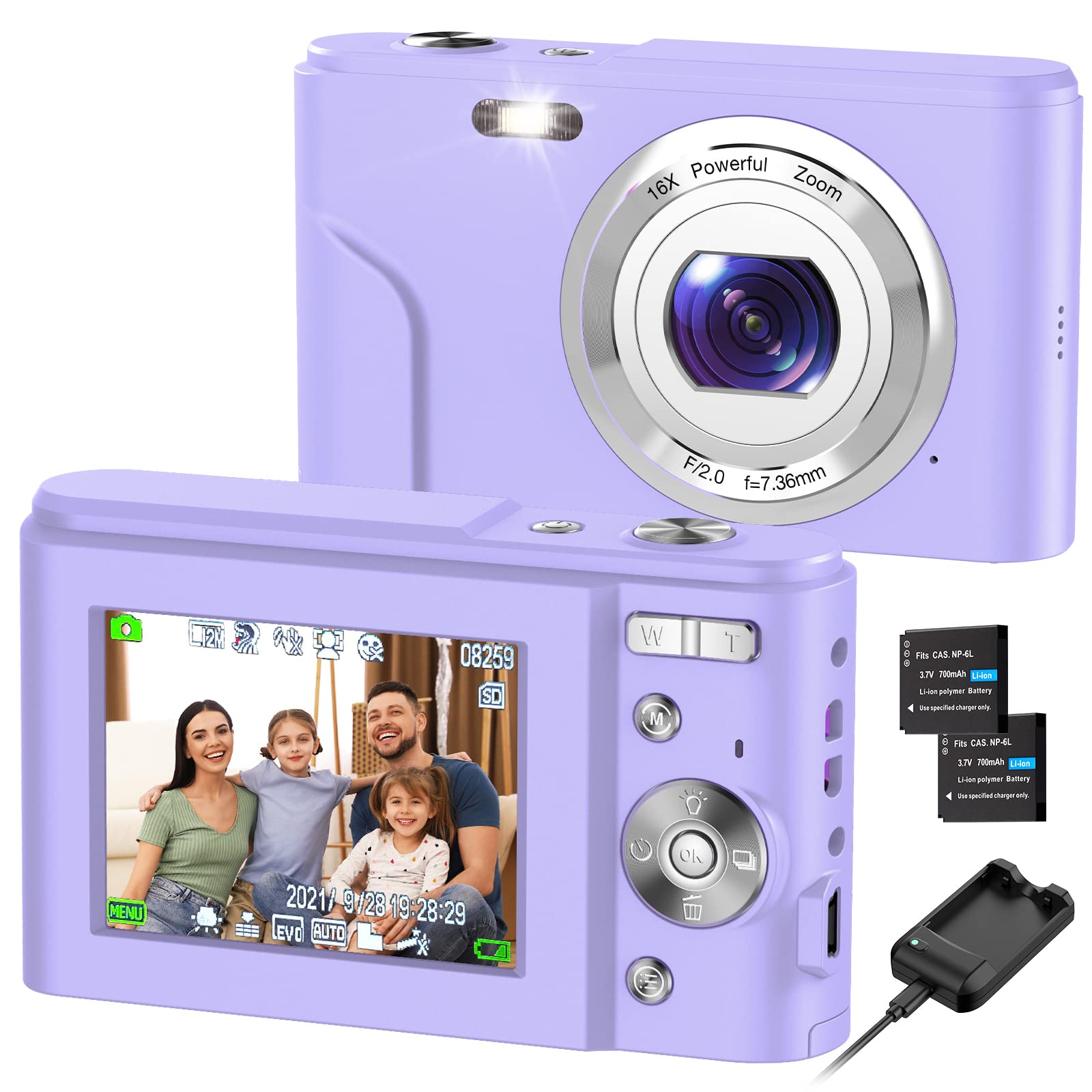 Digital Camera, RUAHETIL FHD 1080P 36MP 2.4 Inch LCD Vlogging Camera for Kids, 16X Zoom 2 Charging Modes Kids Compact Camera Point and Shoot Camera for Kids Teens Students Beginners（Purple）