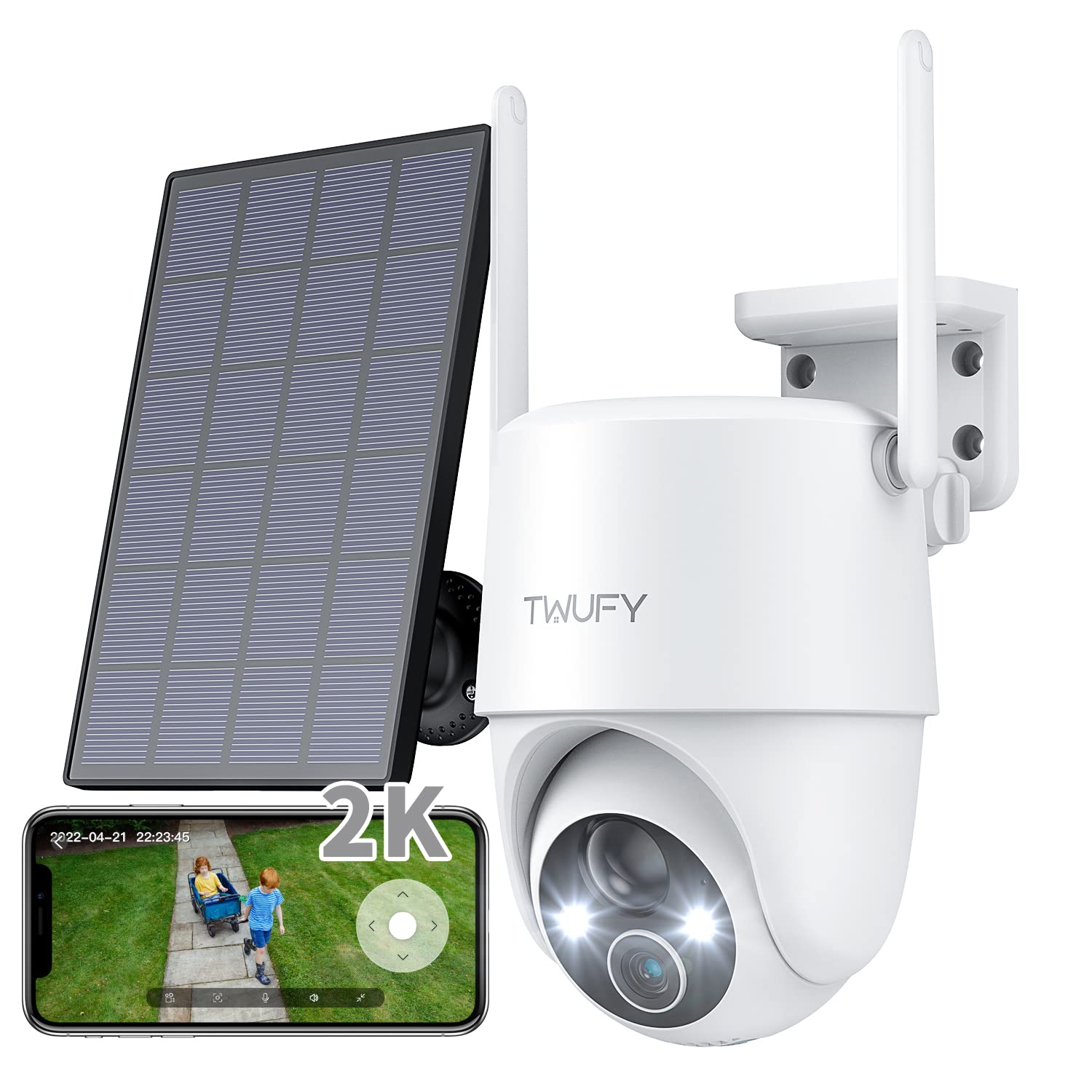 TWUFY Wireless, 360°PTZ Solar Outdoor Security Cameras with Pan 355° Tilt 120°, 15000mAh Battery, 1080P Night Vision,PIR Motion Detection, 2-Way Audio, IP65