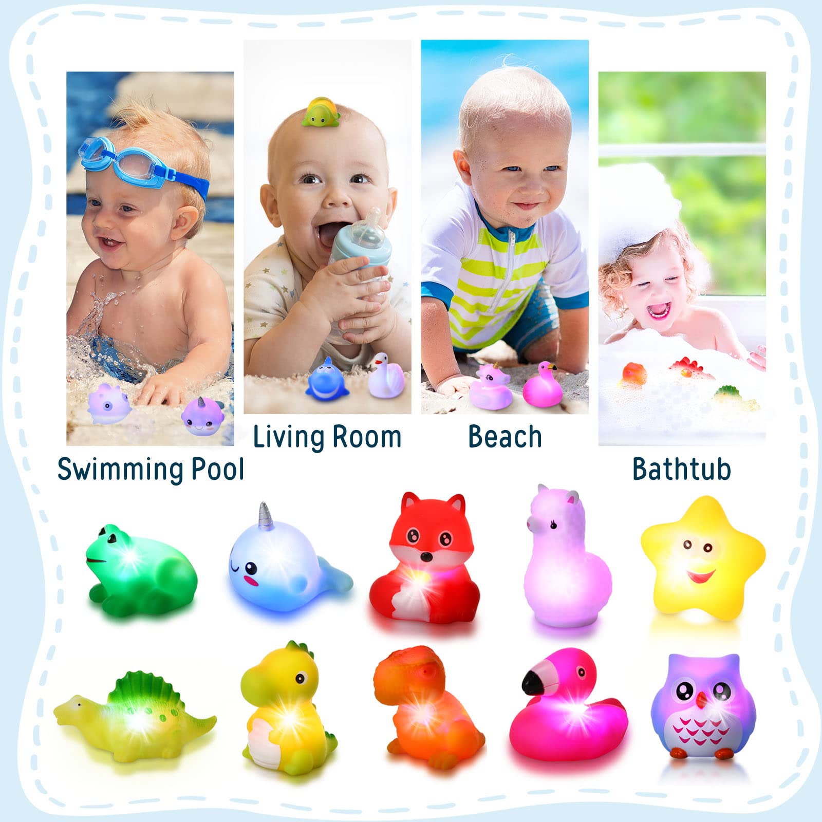 24 Packs Baby Bath Light Up Toys, Floating Rubber Animal Toys for Toddlers Infant Kids Boys Girls Flashing Color Changing Light in Water Bath Toys for Bathtub Bathroom Shower Games Swimming Pool