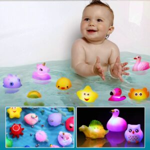 24 Packs Baby Bath Light Up Toys, Floating Rubber Animal Toys for Toddlers Infant Kids Boys Girls Flashing Color Changing Light in Water Bath Toys for Bathtub Bathroom Shower Games Swimming Pool