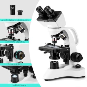 LED Compound Binocular Microscope 40X-1000X with Double Layer Mechanical Stage, Optical Microscope with Wide-Field 10X & 25X Eyepieces, Adjustable Pupillary Distance 360° Rotating Jentsch Head