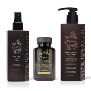 saphira hair extensions support group set | daily supplement, leave-on spray & moisturizing shampoo | supports strong hair and roots for hair extensions |