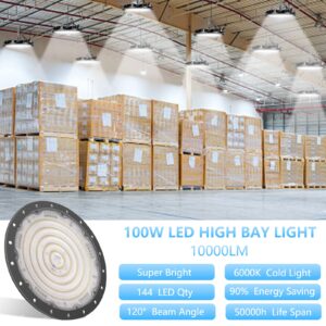 Royana 100W LED UFO High Bay Light 2 Pack, 10000LM Garage Lights High-Light Ceiling LED with 1.2M Cable 110V Plug LED Light Commercial Grade Lighting 6000K Shop Lights for Factory Warehouse Workshop