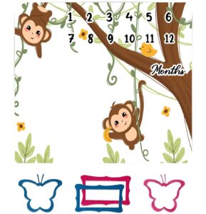 naughty little monkey baby monthly milestone blanket for boy girl, baby blanket with month marker frame, 48x40in，1-12 months milestones, for baby showers and newborn btzyfh7