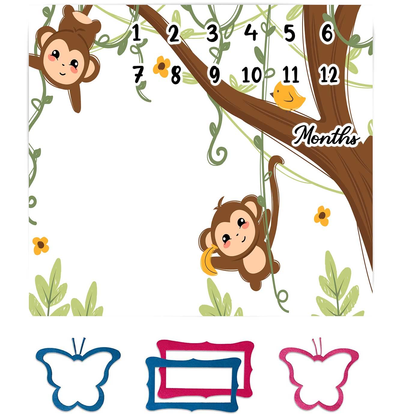 Naughty Little Monkey Baby Monthly Milestone Blanket for Boy Girl, Baby Blanket with Month Marker Frame, 48x40in，1-12 Months Milestones, for Baby Showers and Newborn BTZYFH7