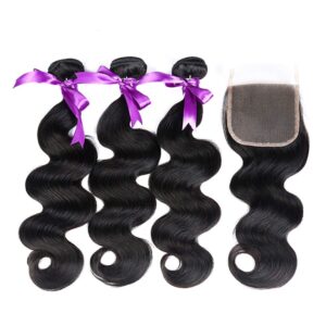 Hair Extensions, Wigs & Accessories Peruvian Body Wave 3 Bundles With 4 * 4 Closure Free Part 100% Human Hair Non Remy Human Hair Wave for Women (Length : 18 20 20Cl16, Part Design : FREE PART)