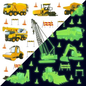 toarti glow in the dark construction wall stickers, transport truck excavator tractor decals,luminous vehicle wall decal for kids boys room nursery decor(4 sheets, 49 pcs)