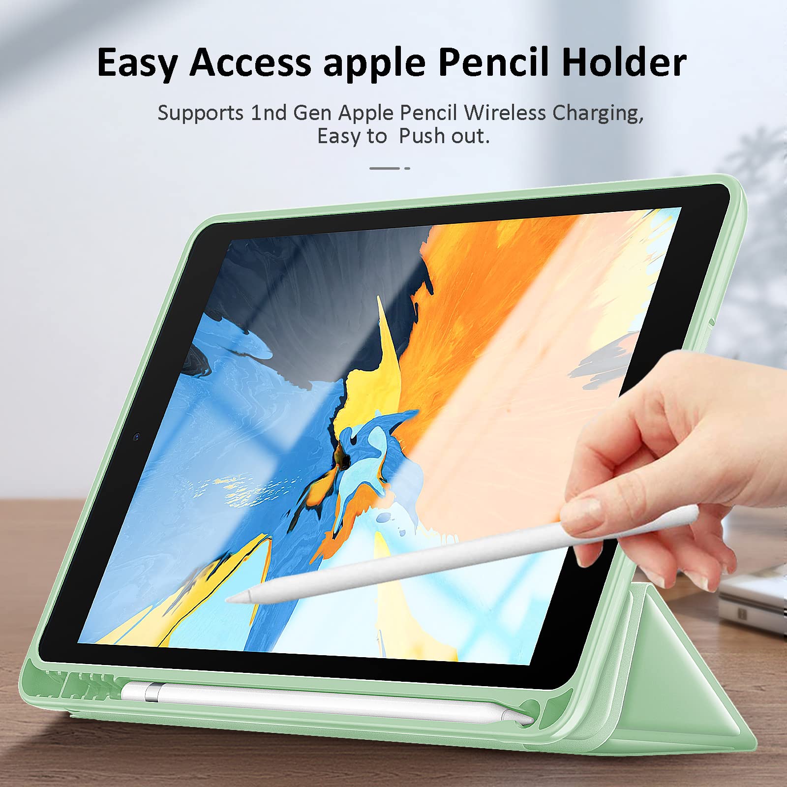 Hoidokly iPad 6th / 5th Generation 9.7 inch Case (2018/2017), iPad Air 2 & 1 9.7 Inch (2014/2013) Case with TPU Shockproof Back Cover [Built-in Pencil Holder, Auto Sleep/Wake] - Matcha Green