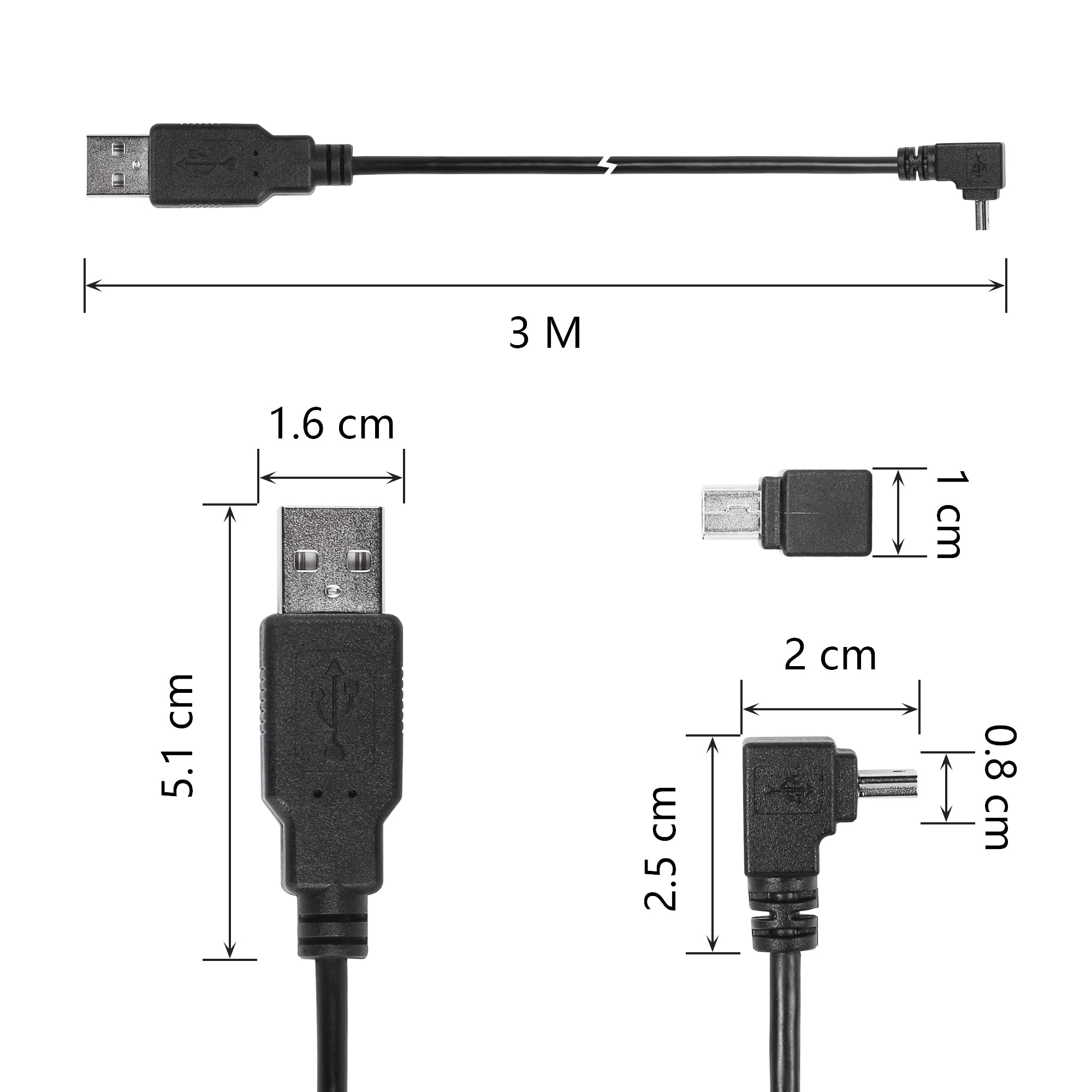 CERRXIAN Dash Cam Power Cord, 9.8FT 90 Degree Mini USB Cable, Angle Mini USB B Male to USB A 2.0 Male Data Sync and Charging Cable for Garmin Nuvi GPS,Canon,Dash Cam (3m, Black Up Angle)