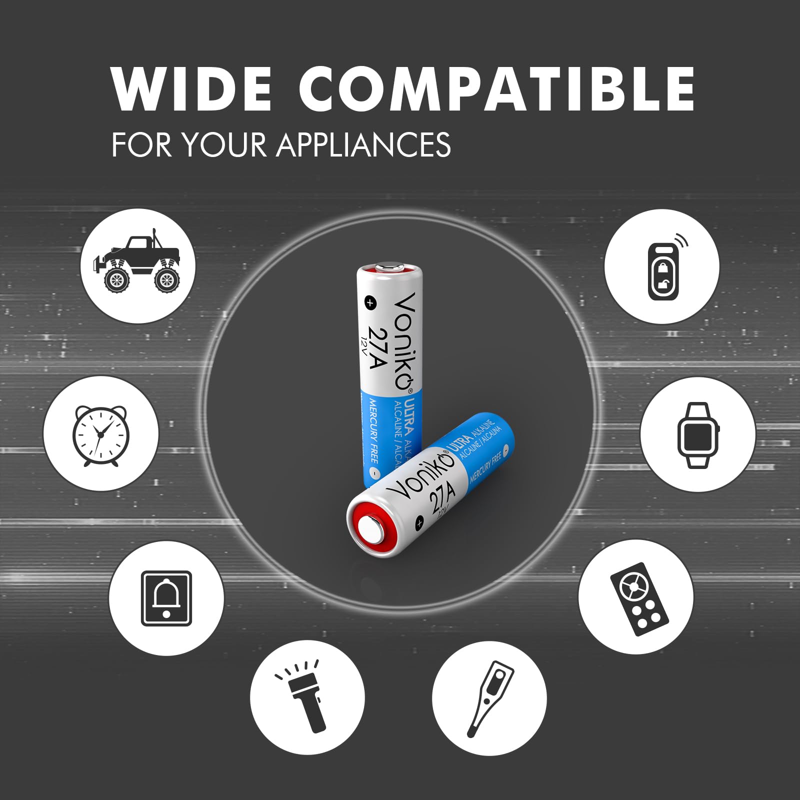 Voniko 27A 12V Alkaline Battery Pack of 6 - Long lasting 12 Volt A27 Battery for Remote and Doorbells