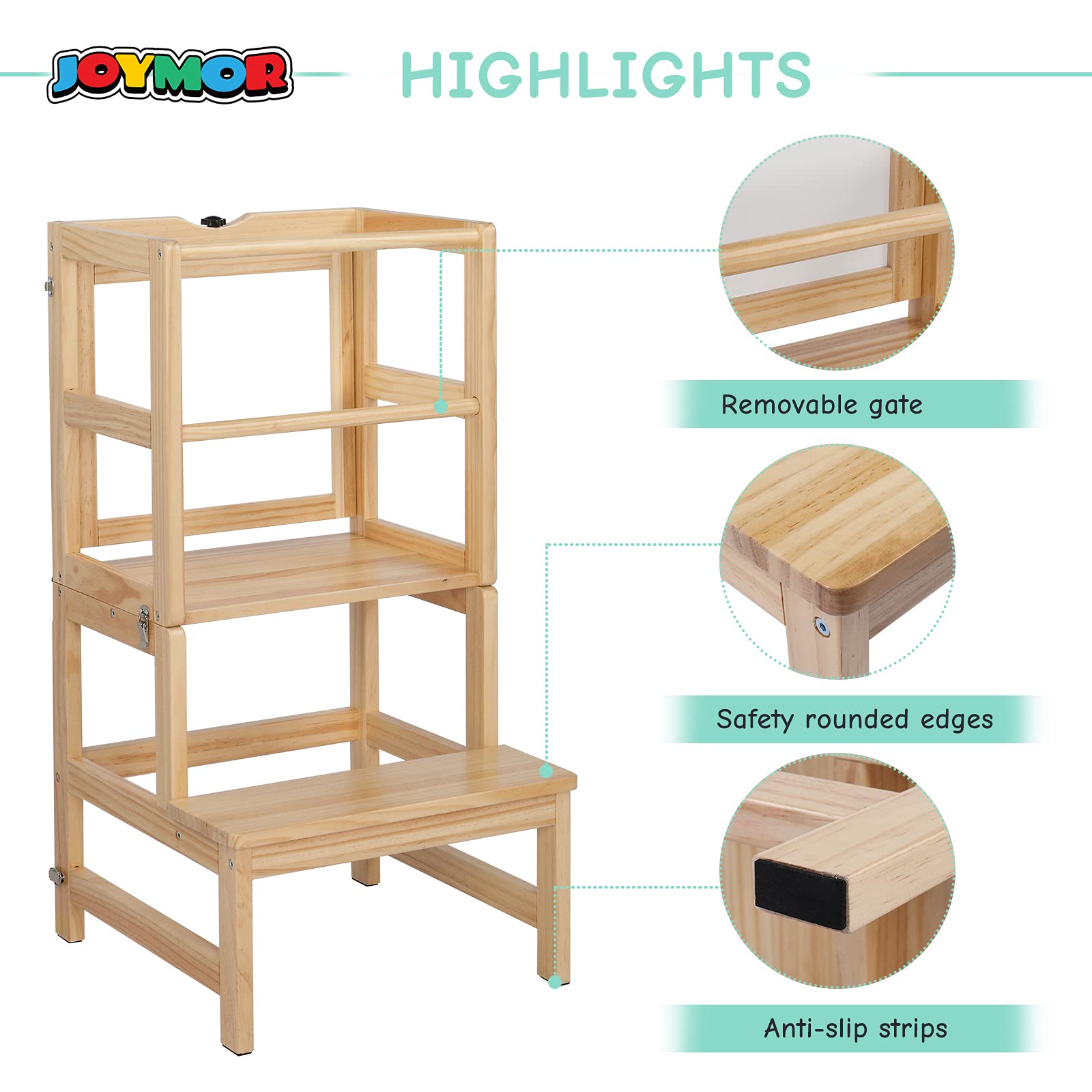 JOYMOR Kids Kitchen Standing Tower with Safety Rail, Chalkboard, Children Learning Step Tower for Kitchen Counter, Mothers' Helper (Natural)