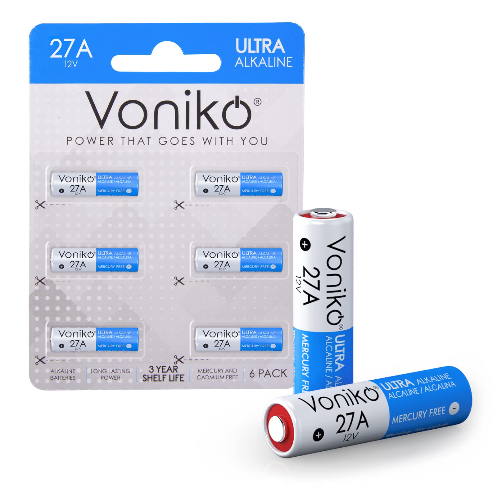 Voniko 27A 12V Alkaline Battery Pack of 6 - Long lasting 12 Volt A27 Battery for Remote and Doorbells