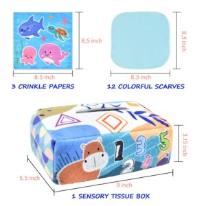 NextPro Baby Tissue Box Toy, Pull Along Magic Sensory 12 Colors Tissues, 3 Crinkle Tissues for Babies, Kids, Toddlers and Infants