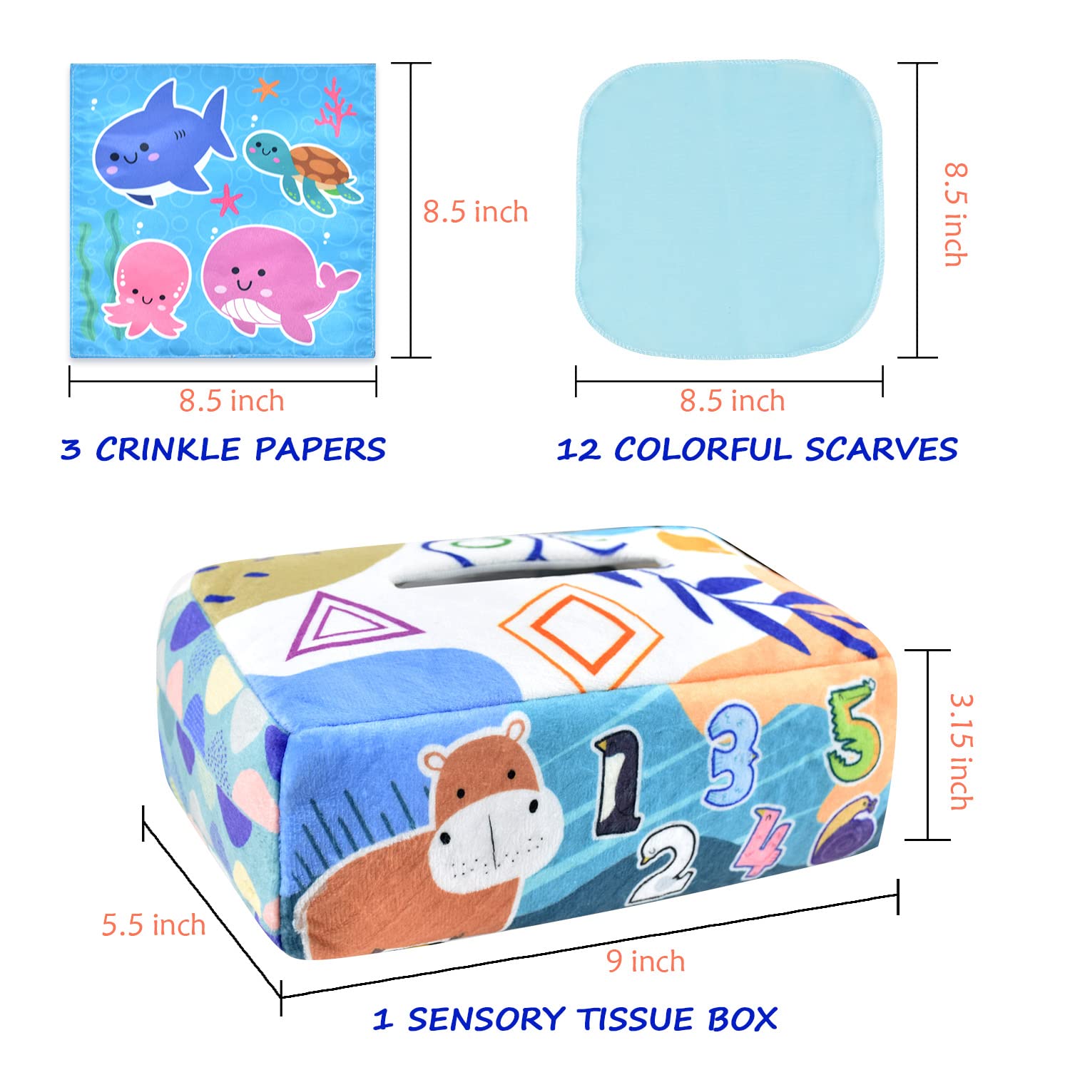 NextPro Baby Tissue Box Toy, Pull Along Magic Sensory 12 Colors Tissues, 3 Crinkle Tissues for Babies, Kids, Toddlers and Infants