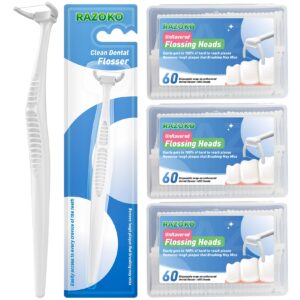 razoko dental floss picks, clean dental flossers kit with 2 handle and 180 extra strength refills