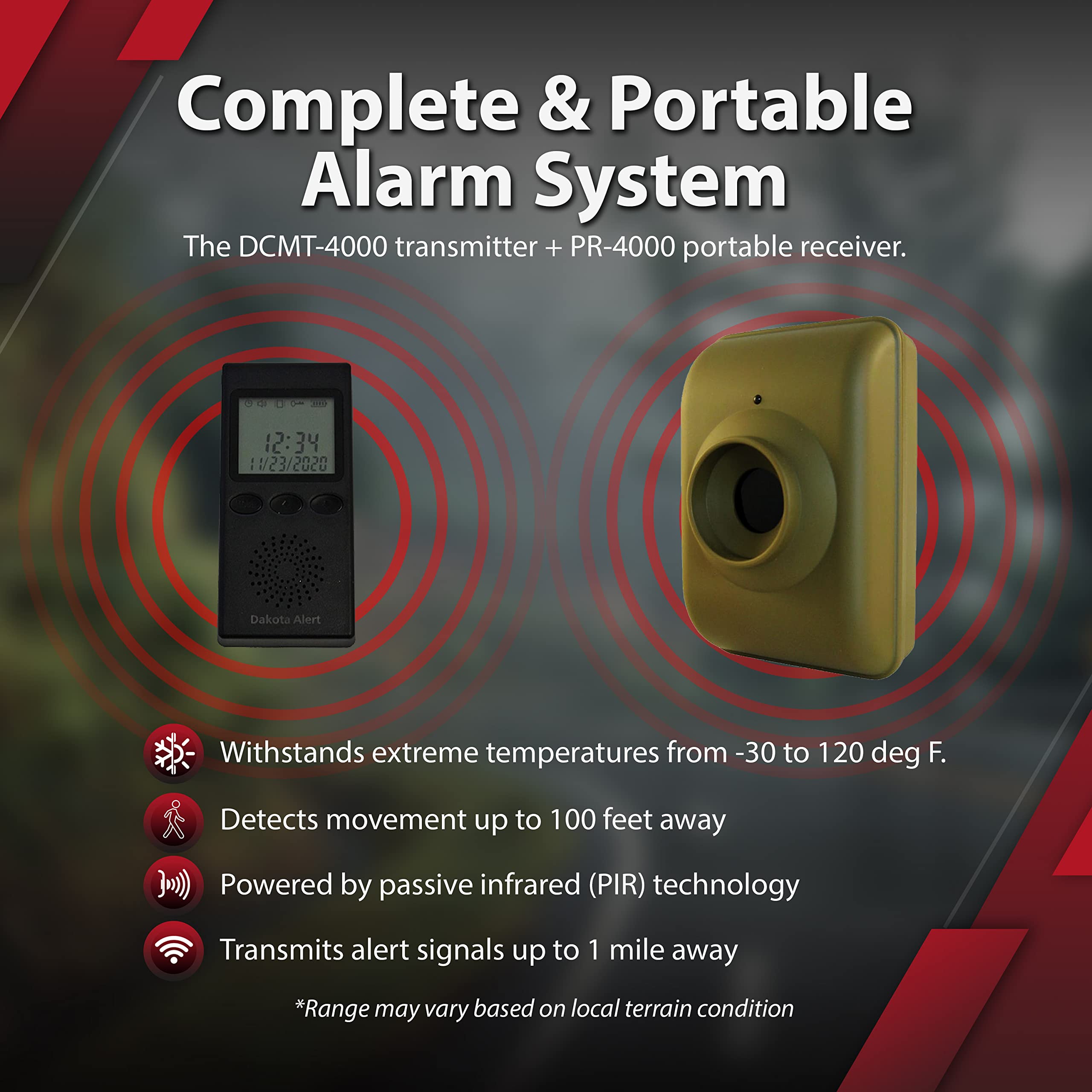 Long Range Motion Sensor System- Dakota Alert MTPR-4000 Wireless Motion Detector & Receiver, Camping Perimeter & Trip Wire Alarm Device, Monitor Driveways, Backyards, Entrances, Deer Trails and More