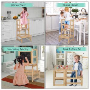 JOYMOR Kids Kitchen Standing Tower with Safety Rail, Chalkboard, Children Learning Step Tower for Kitchen Counter, Mothers' Helper (Natural)