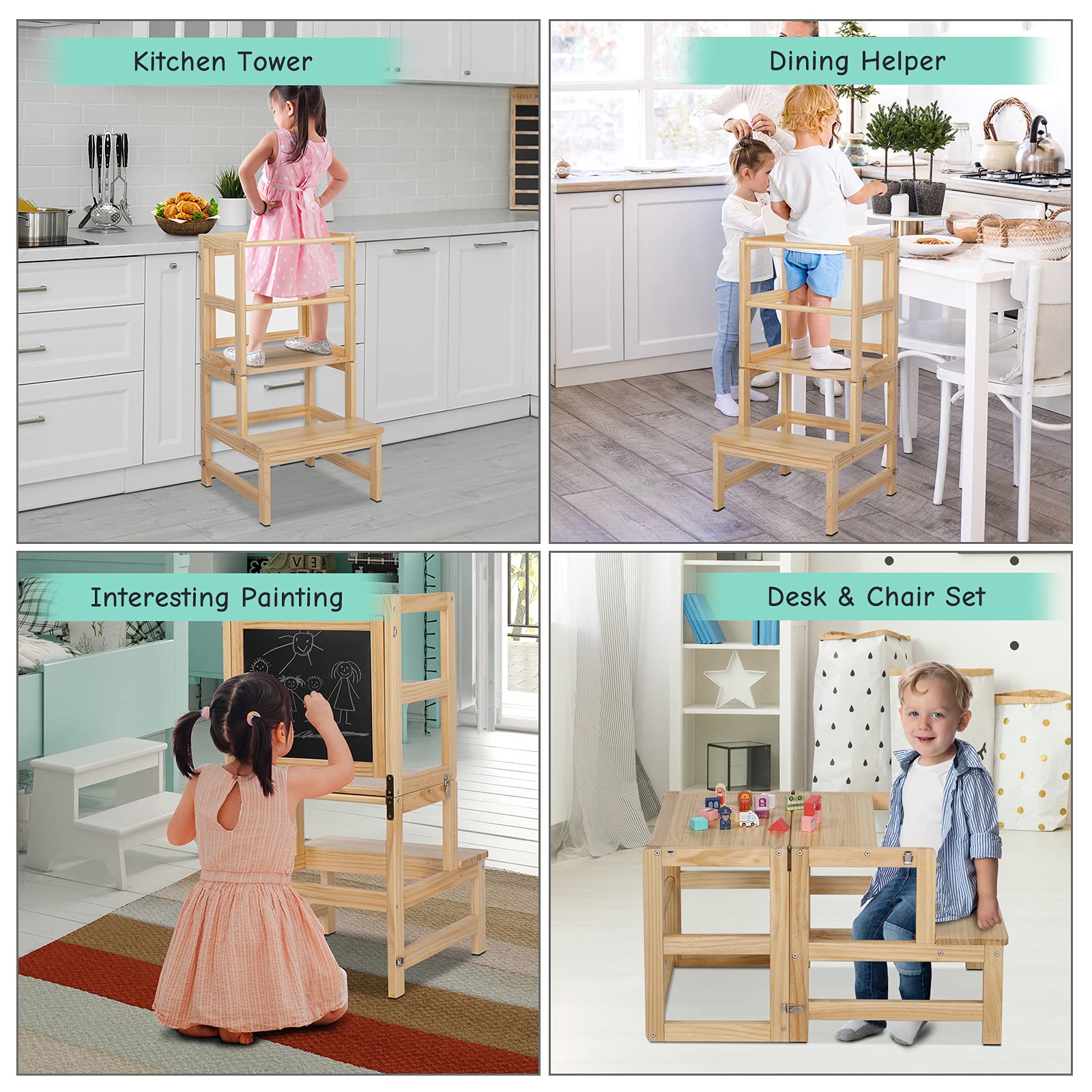 JOYMOR Kids Kitchen Standing Tower with Safety Rail, Chalkboard, Children Learning Step Tower for Kitchen Counter, Mothers' Helper (Natural)