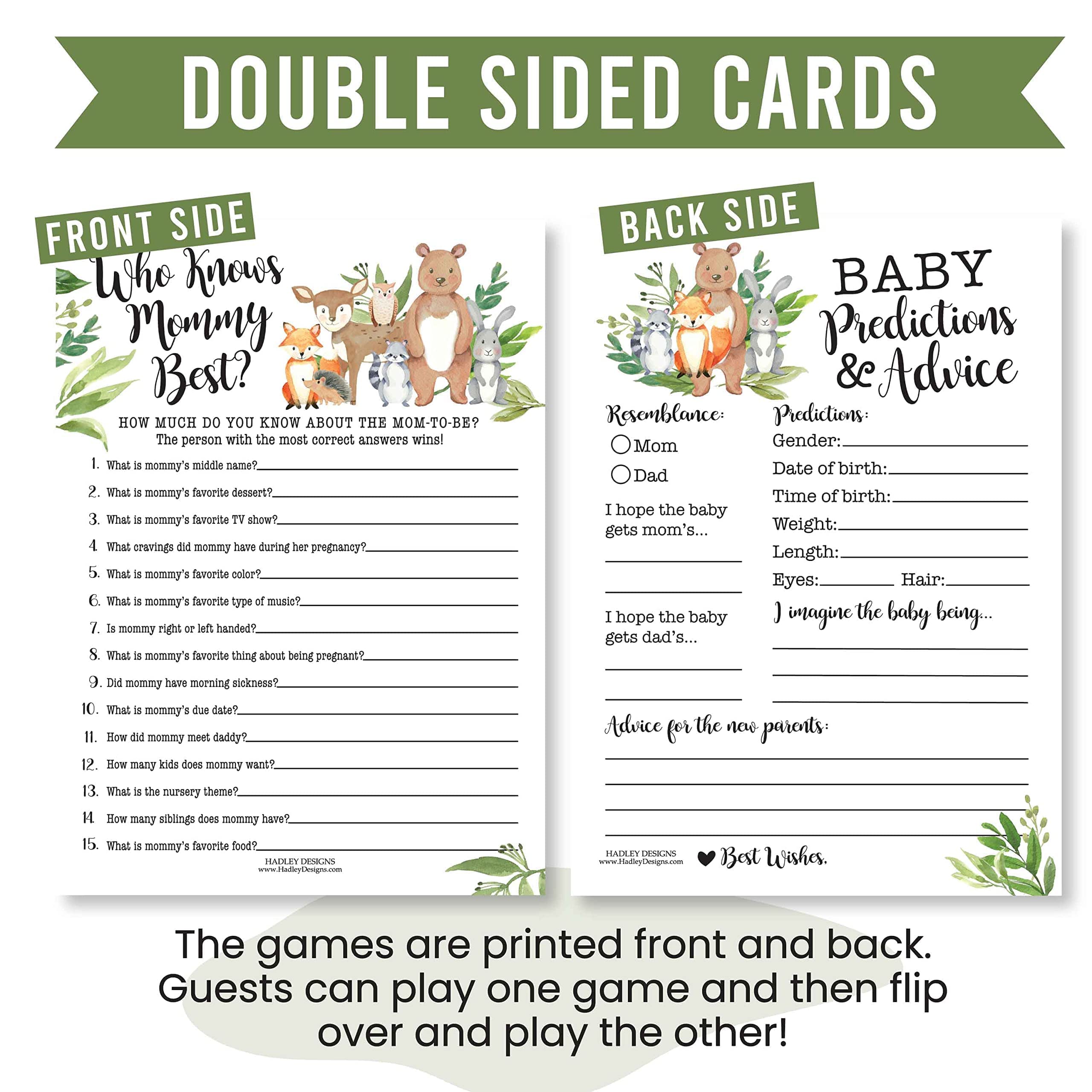 75 Woodland Who Knows Mommy Best, Baby Prediction and Advice Cards etc, 25 Guess How Many Cards - 8 Double Sided Cards Baby Shower Games Funny, How Many Kisses Game Baby Shower Decorations