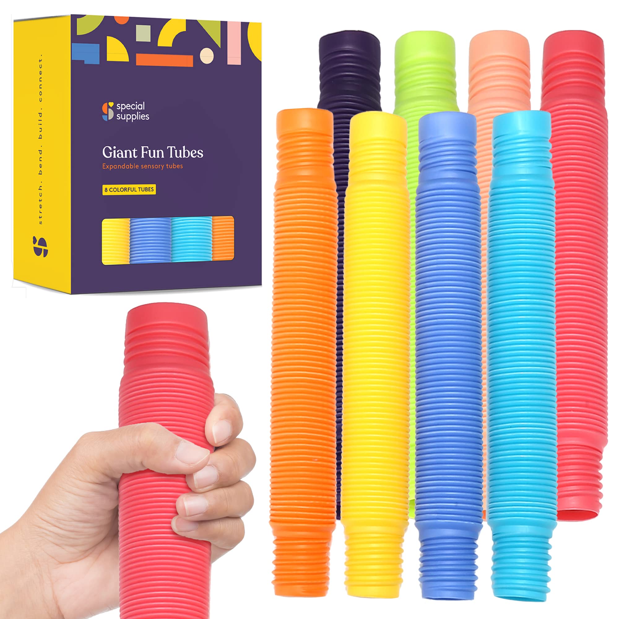 Special Supplies 8-Pack Fun Pull and Stretch Tubes for Kids - Pop, Bend, Build, and Connect Toy, Provide Tactile and Auditory Sensory Play, Colorful, Heavy-Duty Plastic (Huge)