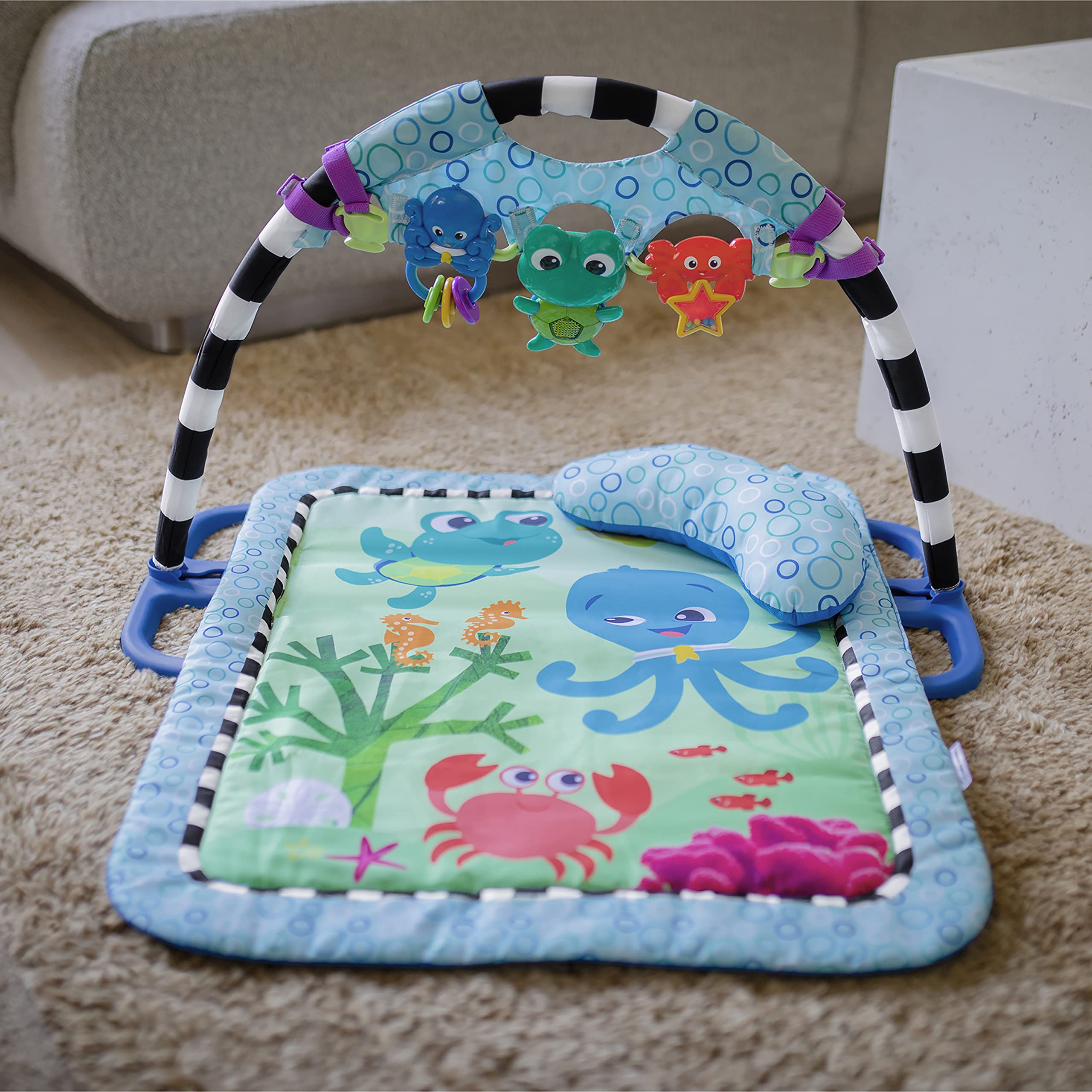 Baby Einstein Neptune's Discovery Reef Baby Tummy Time Activity Gym Toy Bar with Soft Comfortable Mat, 65 Melodies and Songs and Light Up Features