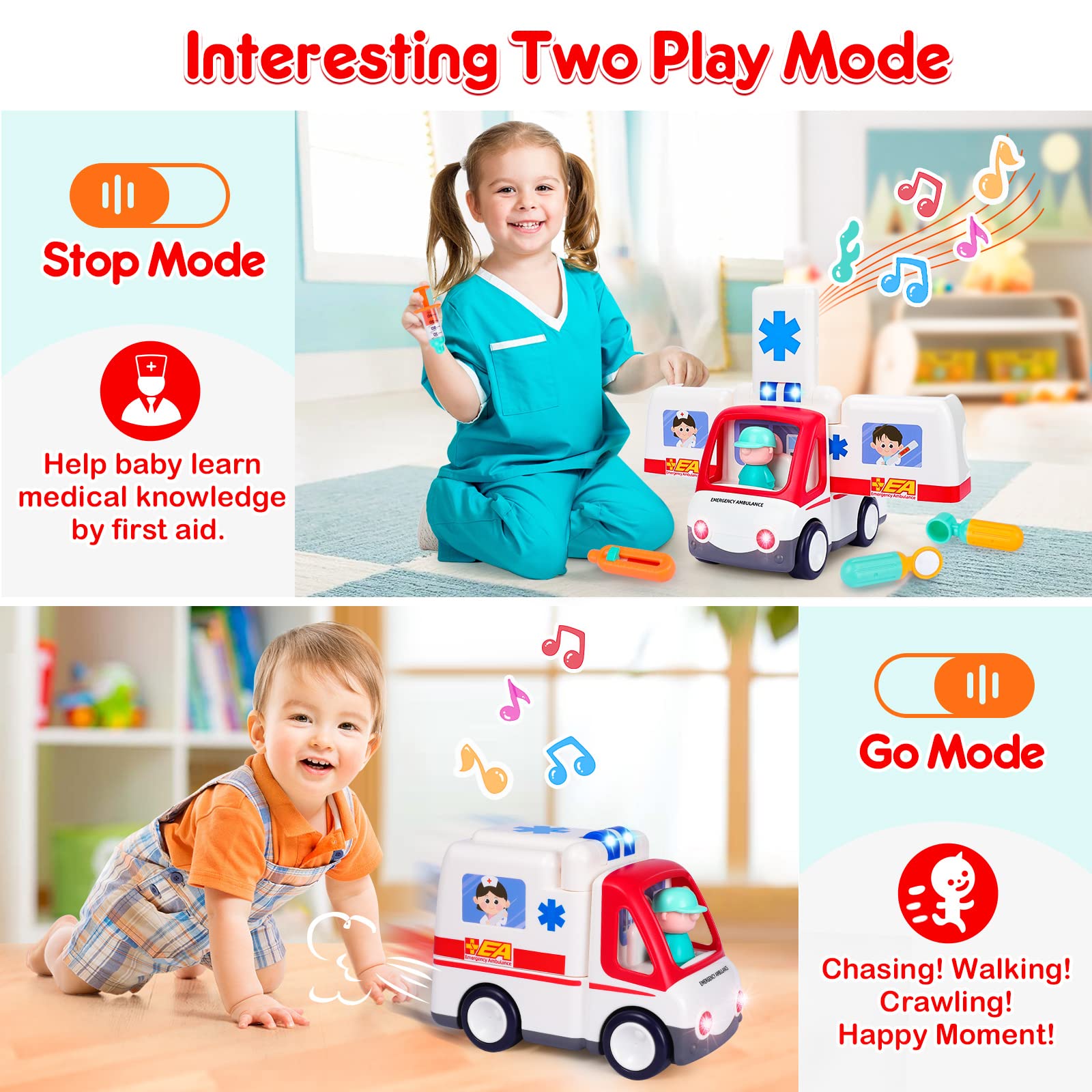 Hekaty Baby Toys for 1 2 3 Year Old Boys Girls Ambulance Car Musical Toy for Toddler 1-3 with Medical&Tools&Light&Sound Early Learning Educational Baby Toys 12-18 Months Kid