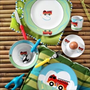 Children's Porcelain Dinnerware Sets, Kids Dinnerware Sets, Kids Porcelain Plates - Bowl - Junior Mug - Egg Cup Sets, Children's Porcelain Tableware Sets (Firetruck)