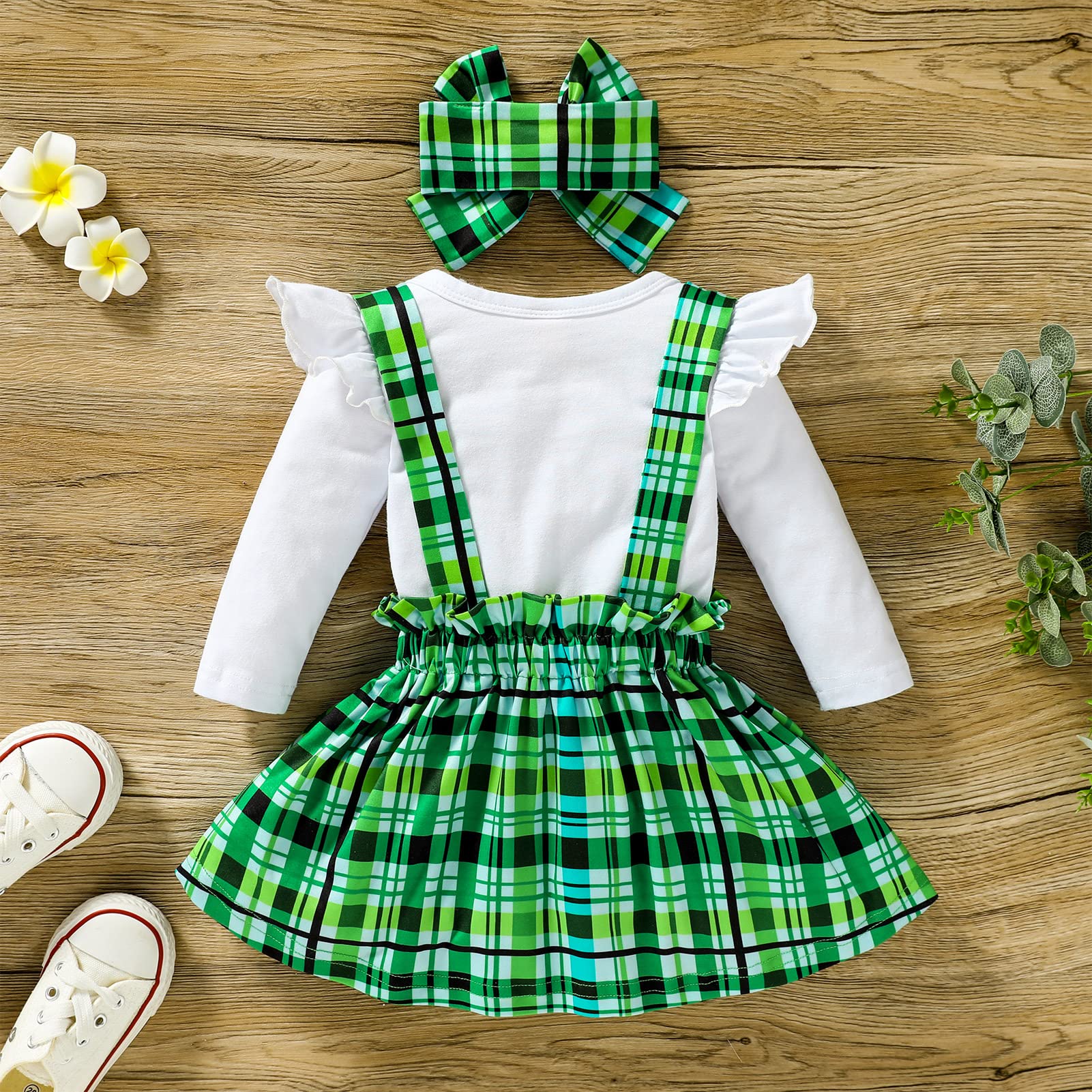 ZOELNIC Newborn Baby Girl St.Patricks Day Outfits My First St.Patrick’s Day Romper Plaid Suspender Clothes Set (Plaid, 0-3 Months)