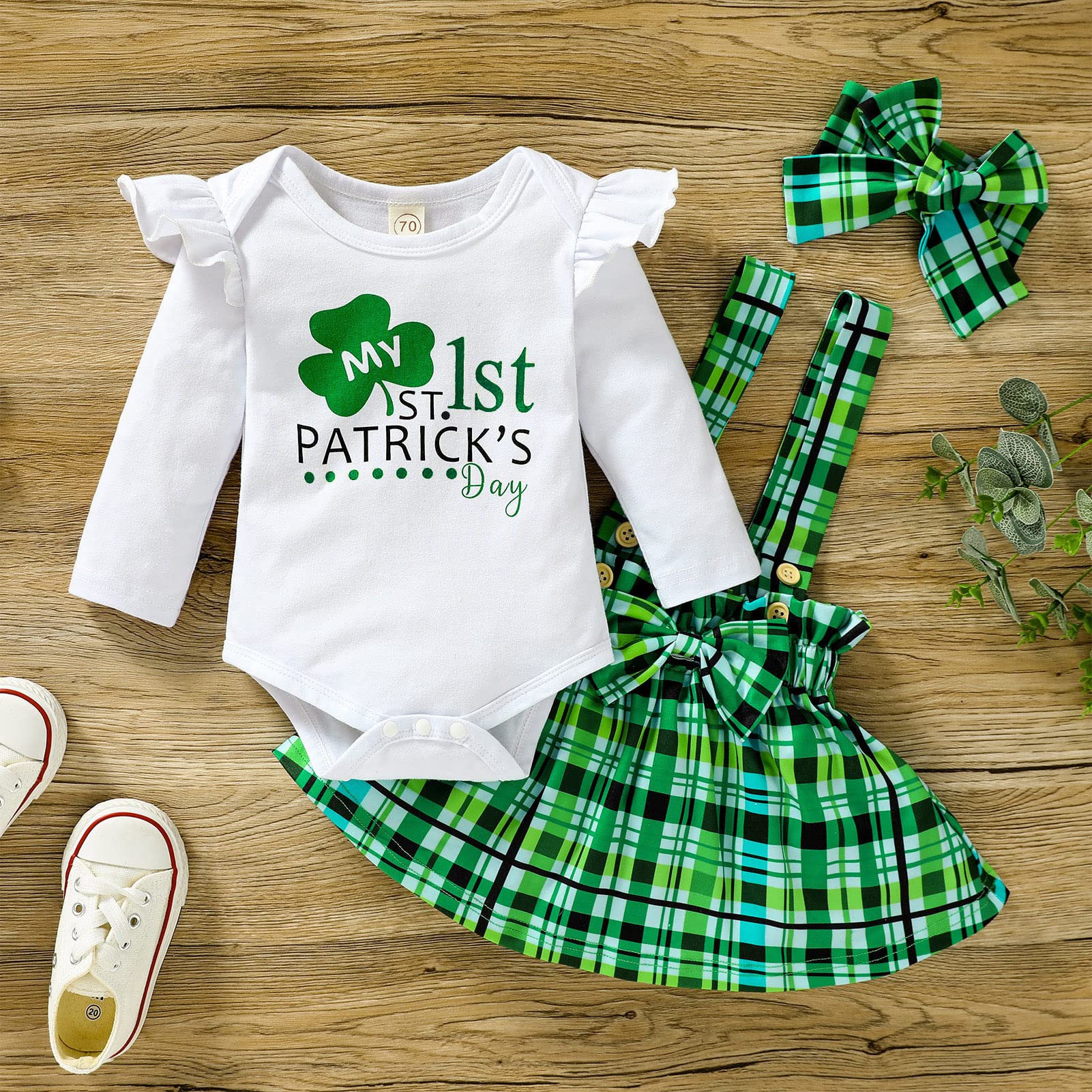 ZOELNIC Newborn Baby Girl St.Patricks Day Outfits My First St.Patrick’s Day Romper Plaid Suspender Clothes Set (Plaid, 0-3 Months)