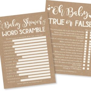 75 Rustic Who Knows Mommy Best, Baby Prediction and Advice Cards etc, 25 True Or False, Word Scramble For Baby Shower Ideas - 8 Double Sided Cards Baby Shower Games Funny, Baby Shower Party Supplies