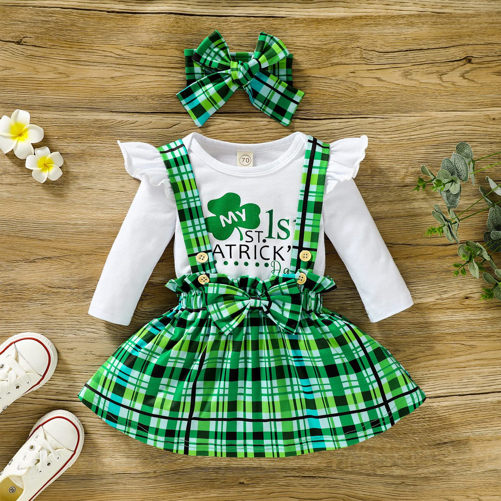 ZOELNIC Newborn Baby Girl St.Patricks Day Outfits My First St.Patrick’s Day Romper Plaid Suspender Clothes Set (Plaid, 0-3 Months)