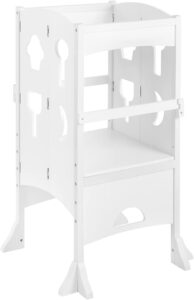 kitchen step stool for kids, toddler wooden standing tower, folding child step stool, safety cooking standing stool for children with lockable handrail, white