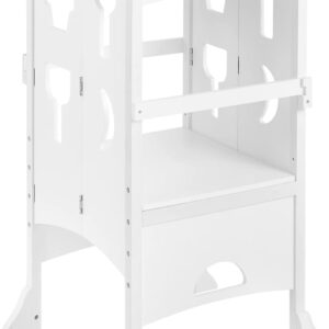 Kitchen Step Stool for Kids, Toddler Wooden Standing Tower, Folding Child Step Stool, Safety Cooking Standing Stool for Children with Lockable Handrail, White