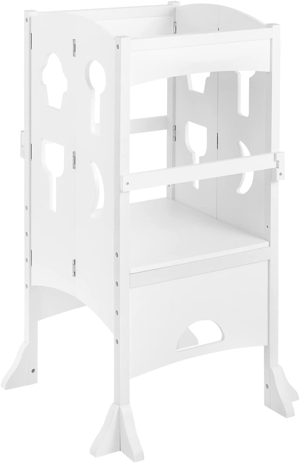 Kitchen Step Stool for Kids, Toddler Wooden Standing Tower, Folding Child Step Stool, Safety Cooking Standing Stool for Children with Lockable Handrail, White