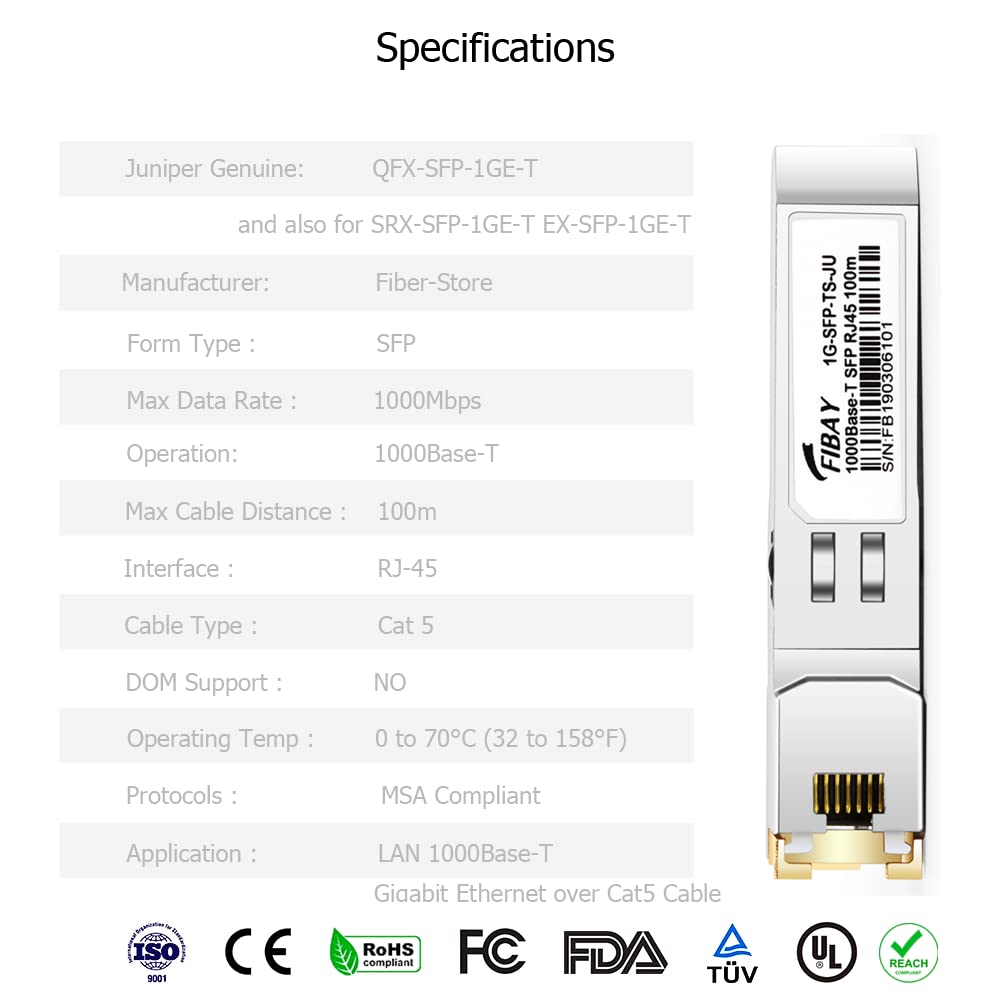 OPSTRAN 1000BASE-T SFP RJ45 Copper Transceiver Module Compatible with Juniper QFX-SFP-1GE-T SRX-SFP-1GE-T EX-SFP-1GE-T 100m Cat5e/6 10 Pack