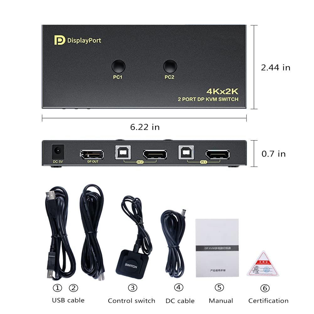 DP KVM Switch 1 Monitors 2 Computers, 2 Port Displayport KVM Switch Share USB 2.0 Devices with 3 USB Hub for 4K@60Hz, 2K@144Hz, 2K@120Hz with Extension Control Switch and 2 USB Cable