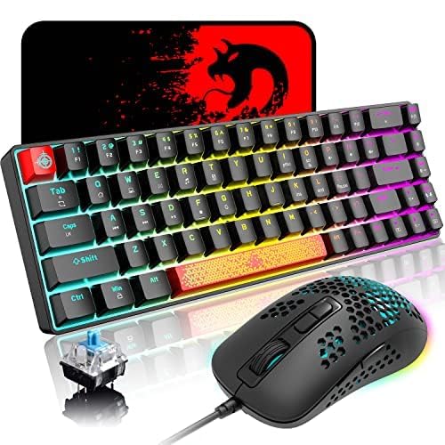 60% Mechanical Gaming Keyboard and Mouse Combo with RGB Backlit,Blue Switch,68 Keys Anti-ghosting,Type C,Lightweight Gaming Mice 2400DPI,Two Red Keycaps,Mousepad for Gamers,Typists(Black)