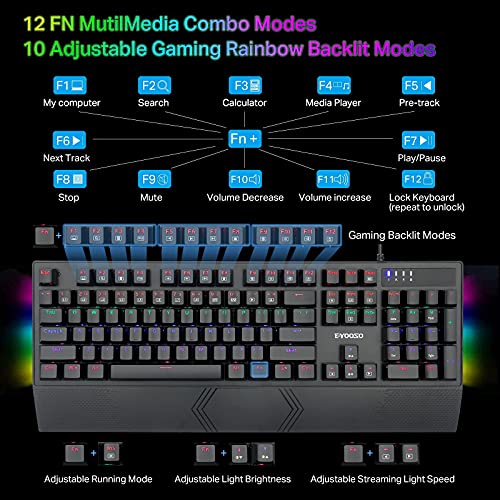 Mechanical Keyboard, Mechanical Gaming Keyboard 104 Keys Keyboard Gaming, Wired Keyboard Mechanical with Rainbow Backlit & RGB LED Side Light, Keyboard with Red Switches for Windows Gaming PC