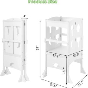 Kitchen Step Stool for Kids, Toddler Wooden Standing Tower, Folding Child Step Stool, Safety Cooking Standing Stool for Children with Lockable Handrail, White