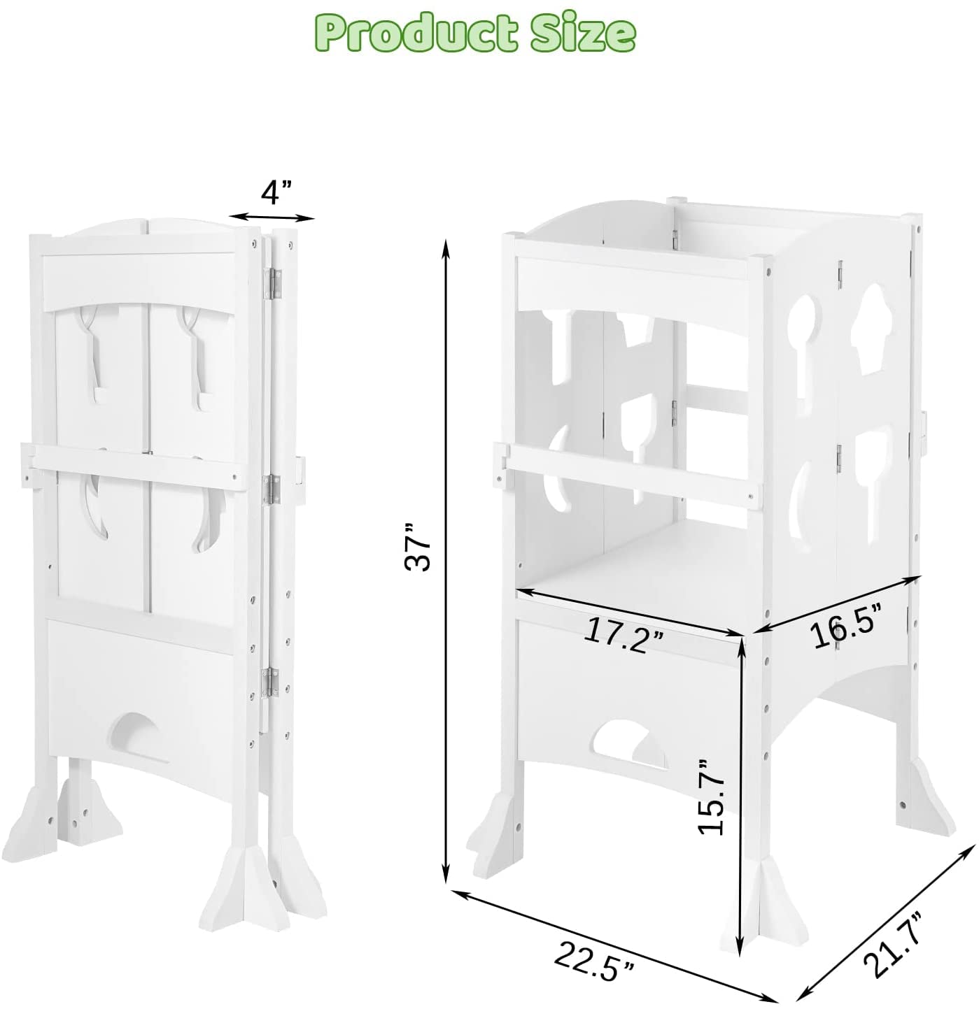 Kitchen Step Stool for Kids, Toddler Wooden Standing Tower, Folding Child Step Stool, Safety Cooking Standing Stool for Children with Lockable Handrail, White