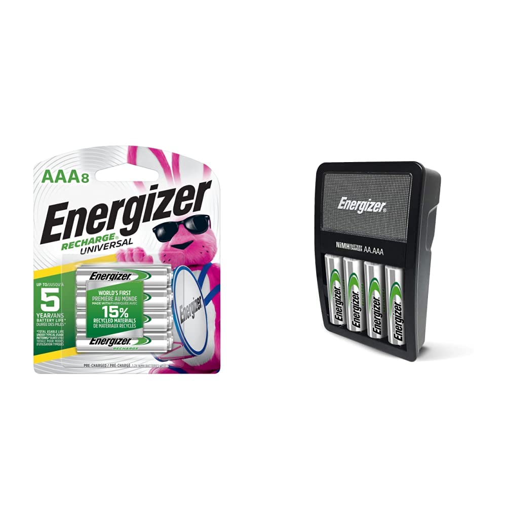 Energizer Rechargeable AAA Batteries and Rechargeable AA and AAA Battery Charger with 4 AA NiMH Rechargeable Batteries Kit, 12 Count