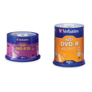 verbatim dvd+r dl 8.5gb 8x with branded surface - 50pk spindle & dvd-r blank discs azo dye 4.7gb 16x recordable disc - 100 pack spindle