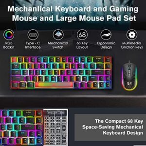 60% Mechanical Gaming Keyboard and Mouse Combo with RGB Backlit,Blue Switch,68 Keys Anti-ghosting,Type C,Lightweight Gaming Mice 2400DPI,Two Red Keycaps,Mousepad for Gamers,Typists(Black)