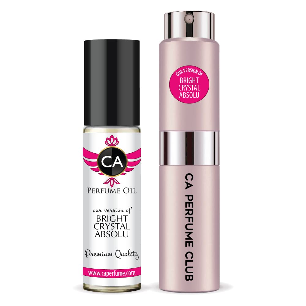 CA Perfume Duo Impression of Bright Crystal Absolu For Women Eau de Parfum Refillable Atomizer Sprayer + Fragrance Body Oil Long Lasting Sample Travel Size Roll-On Bottle 0.27 Fl Oz+0.33 Fl Oz