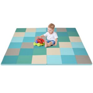 olakids baby foam play mat, foldable 58'' x 58'' toddler collapsible crawl floor mat, waterproof soft thick patchwork play mat for kids gym nursery playroom (blue)