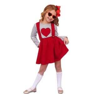 toddler baby girls valentine's day outfits long sleeve dot heart shirt top red suspender skirt clothes set(red, 2-3t(90)）