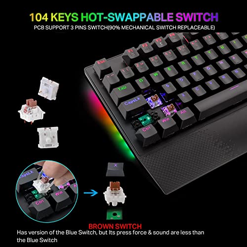 Mechanical Keyboard, Mechanical Gaming Keyboard 104 Keys Keyboard Gaming, Wired Keyboard Mechanical with Rainbow Backlit & RGB LED Side Light, Keyboard with Red Switches for Windows Gaming PC